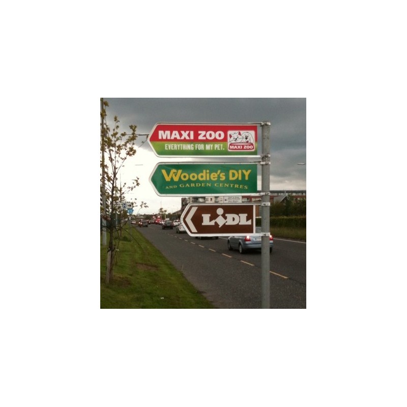 Finger post direction signage including fittings.